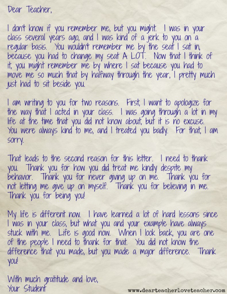 thank you note from student – Dear Teacher/Love Teacher